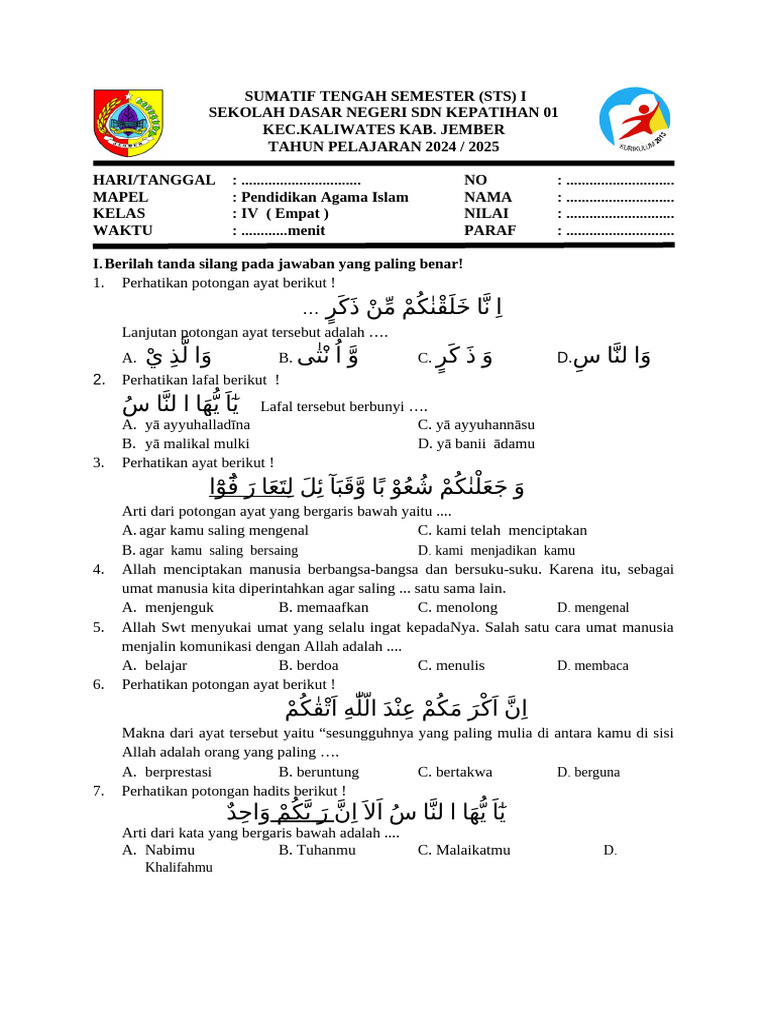 Soal STS PAI Kls 4 Ganjil '24 | PDF