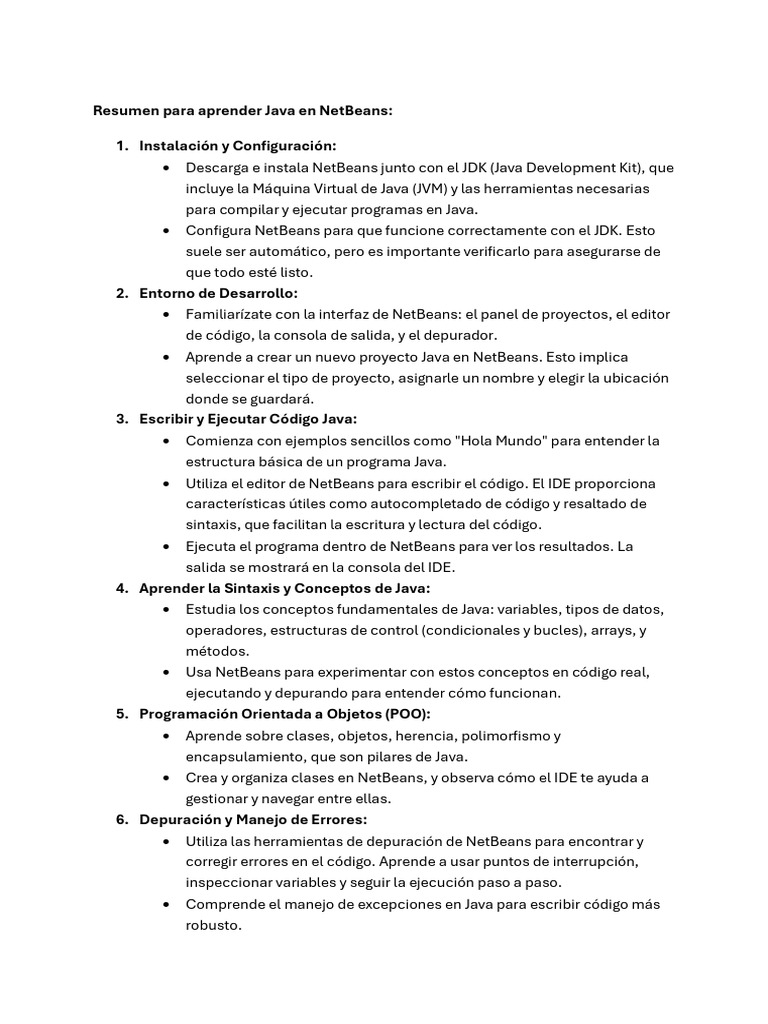 Resumen para Aprender Java en NetBeans | PDF