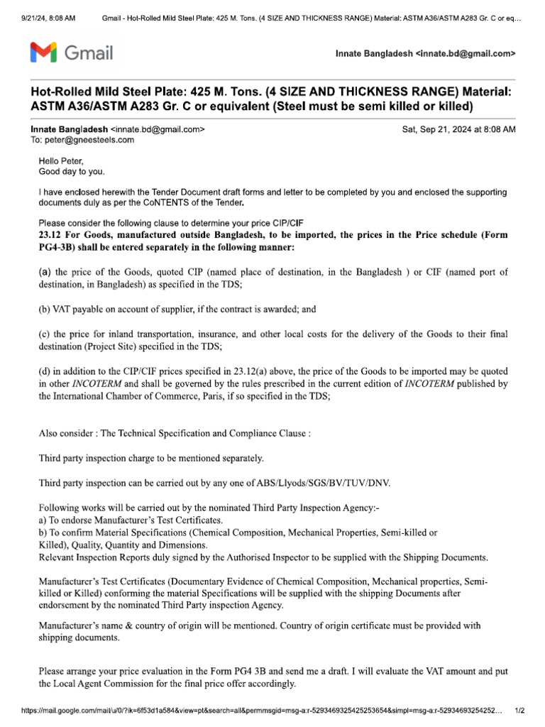 Mail To Peter With Tender Draft Documents | PDF