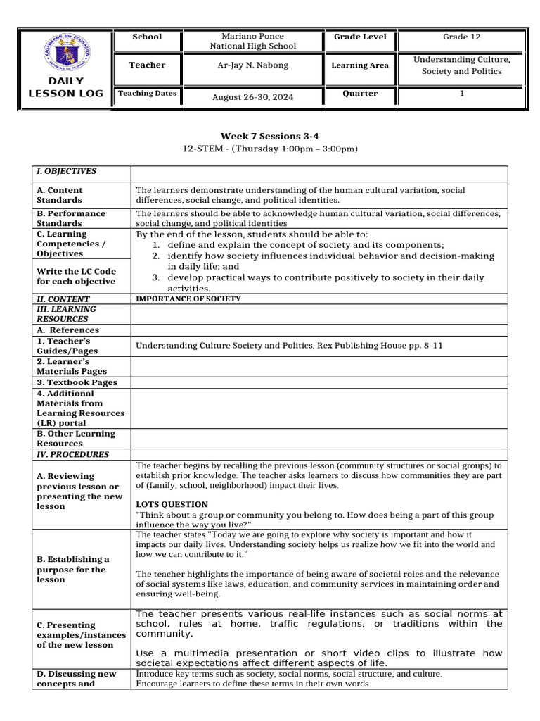 DLL - UCSP - August 29 | PDF