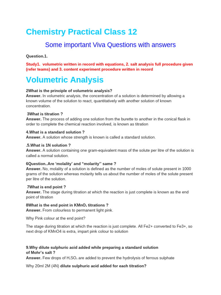 Chemistry Practical Class 12 Sample Viva Qns | PDF