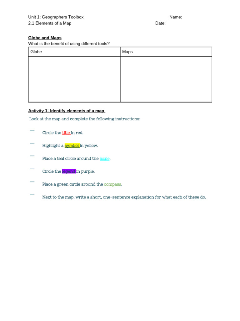 2.1 + 2.2 Map Elements and Map Scale Worksheet | PDF