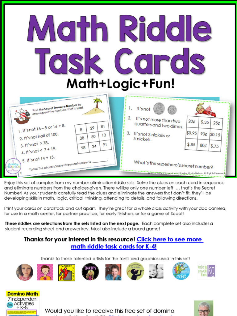 Math Riddle Task Cards Sampler | PDF