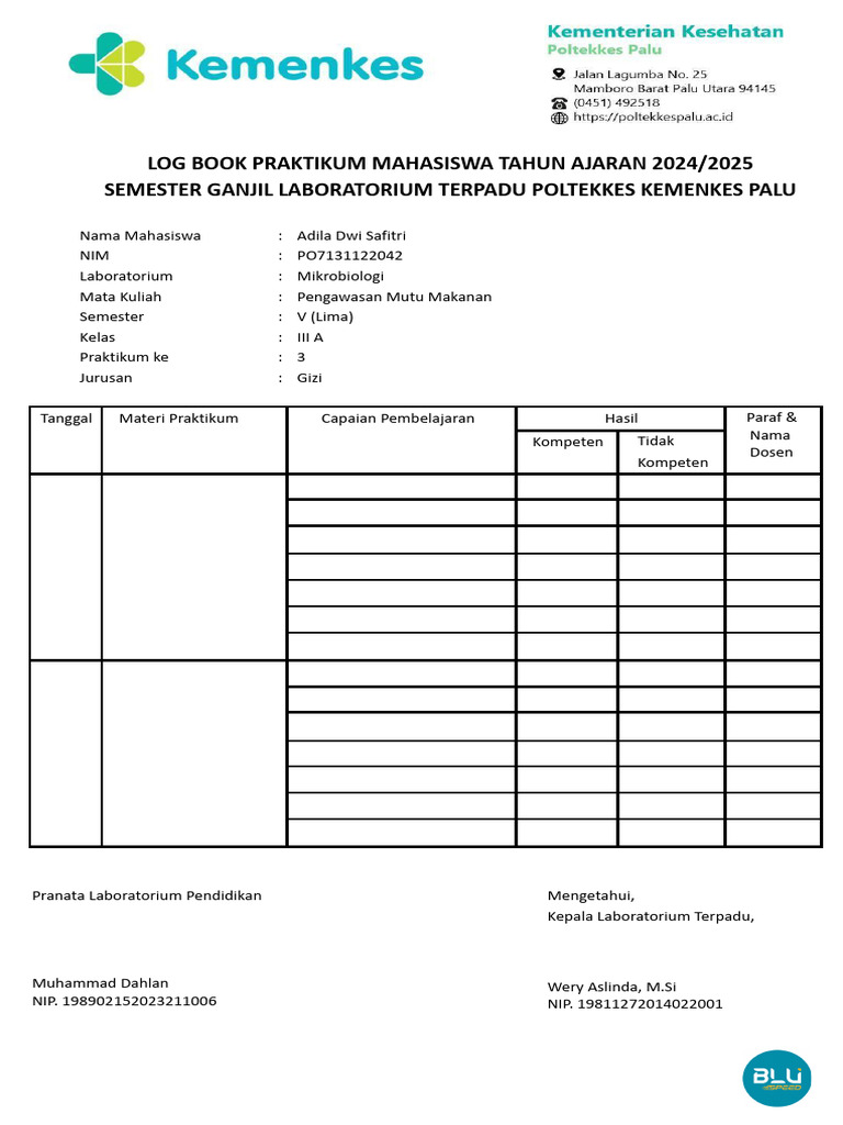 Logbook Praktikum Laboratorium Terpadu Adila Dwi Safitri | PDF