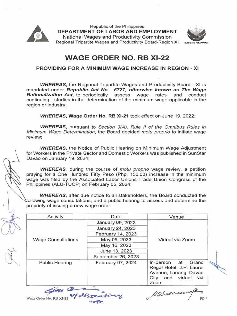 Wage Order No. RB XI 22 | PDF