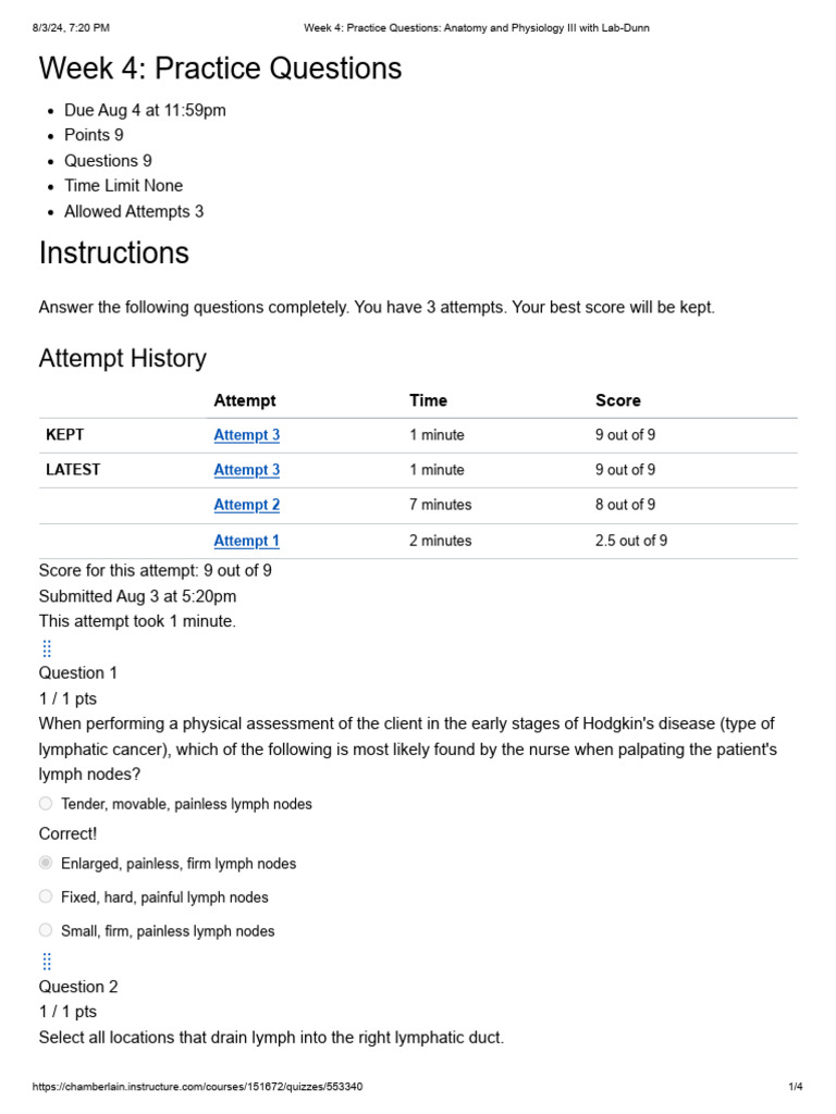 Week 4 - Practice Questions - Anatomy and Physiology III With Lab-Dunn | PDF