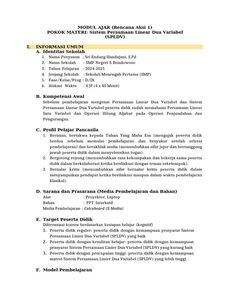 Modul Ajar - SPLDV | PDF