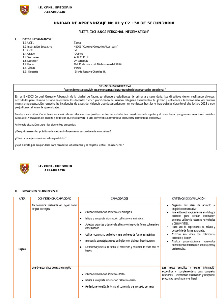 2024 1ro I Bimestre Unidad de Aprendizaje | PDF
