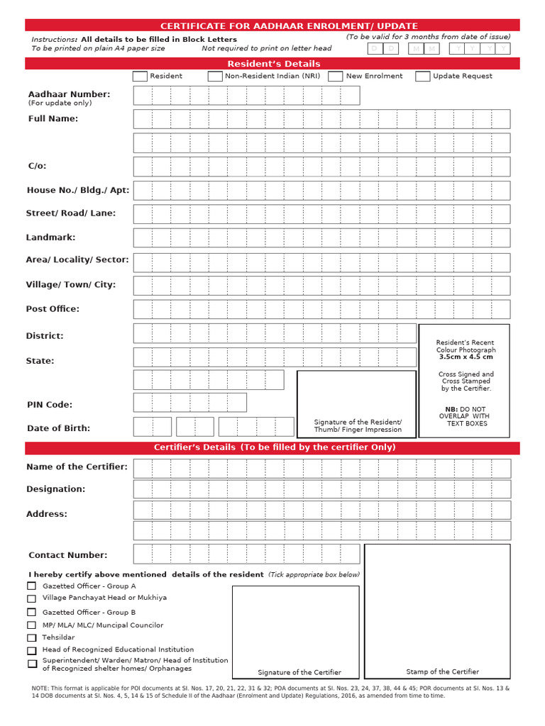 Certificate For Aadhaar Enrolment/ Update: Aadhaar Number: Full Name | PDF