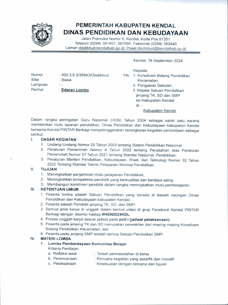 Edaran Lomba Hgn-Disdikbud 2024 | PDF