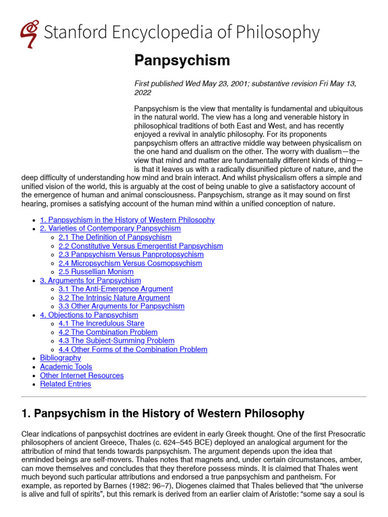 Stanford Encyclopedia of Philosophy: Panpsychism | PDF