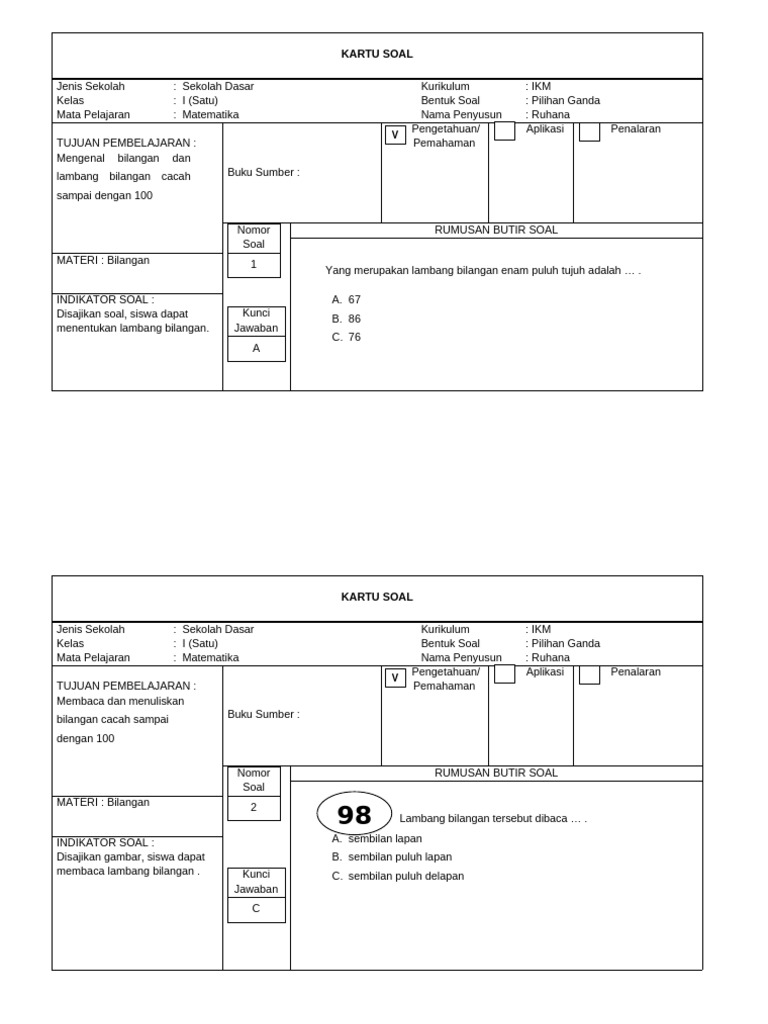 KARTU SOAL SAS MTK (kls1) SMT 2 2024 | PDF