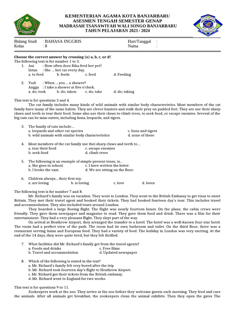 ASESMEN TENGAH SEMESTER GENAP 2024 Bahasa Inggris Kelas 8 | PDF