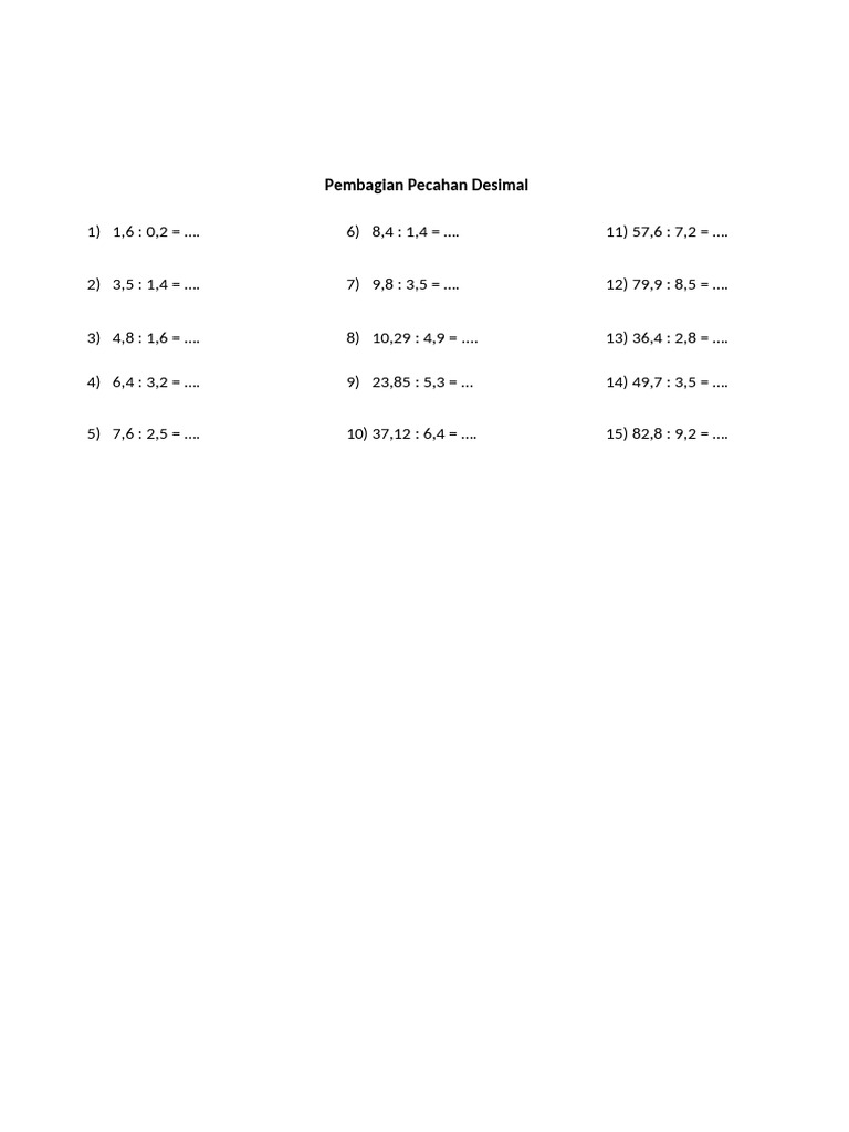 Soal Pembagian Pecahan Desimal Level 3 | PDF Soal Pembagian Pecahan Desimal Level 3 | PDF