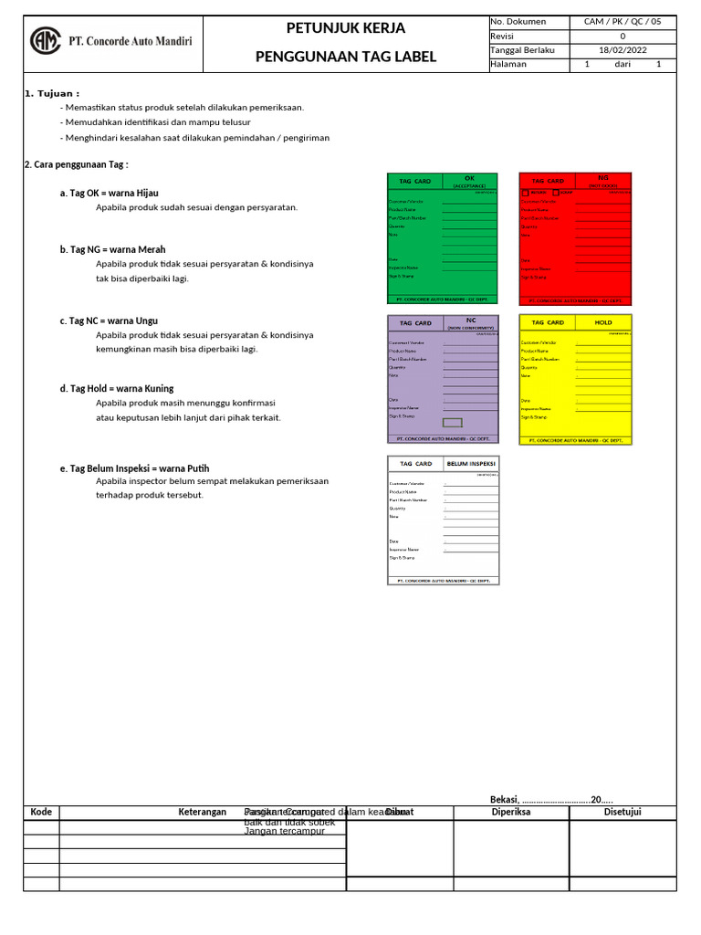 PK-QC-05 PK Penggunaan Tag Label | PDF