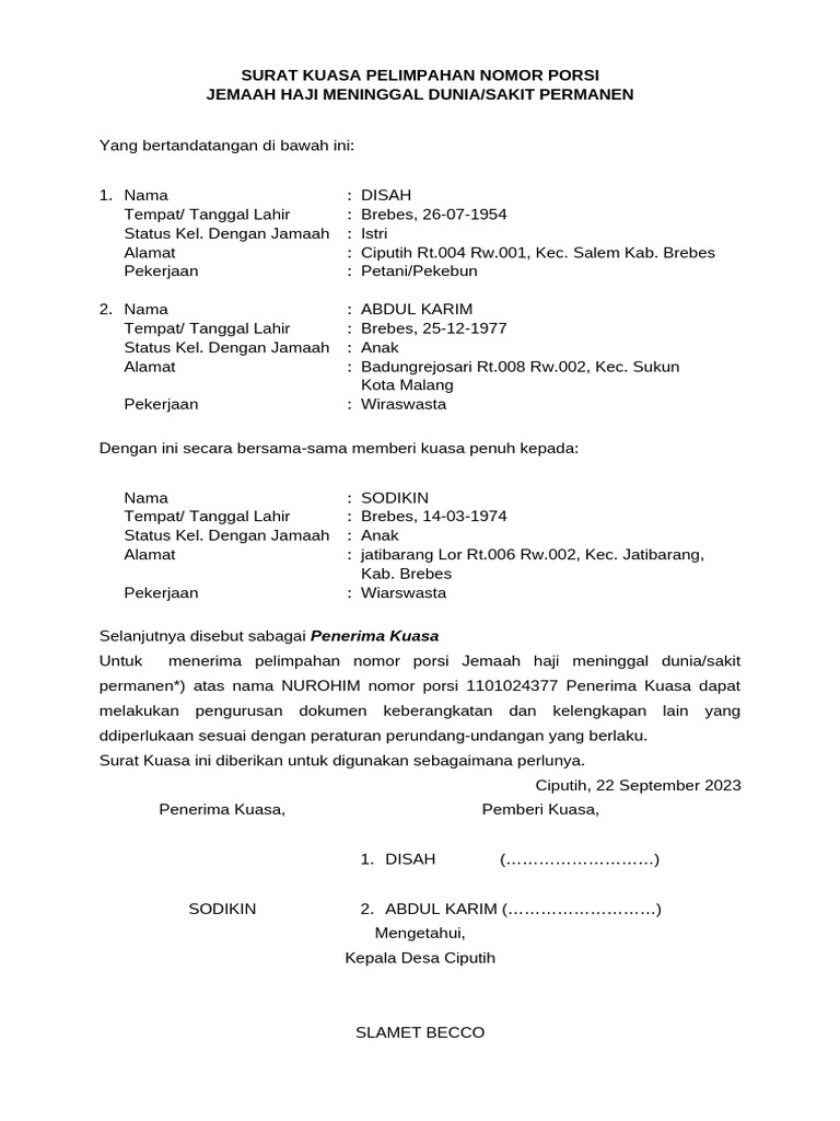 Surat Kuasa Limpah Haji | PDF