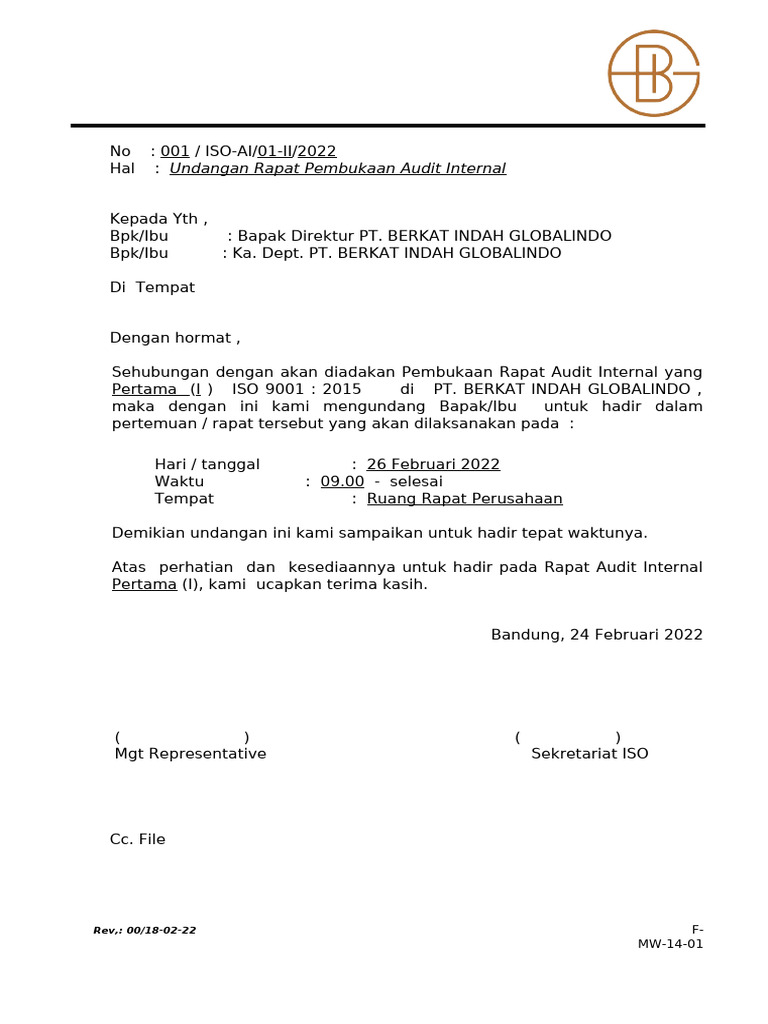F-WM-14-01 Undangan Rapat Audit Internal (BIG) | PDF