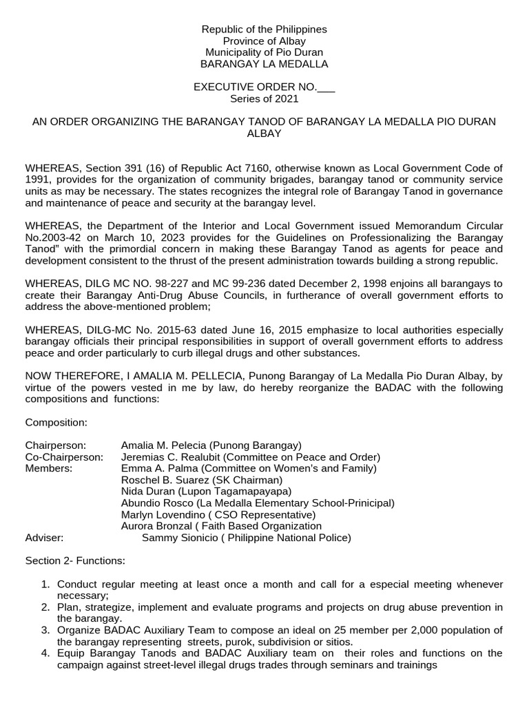 Executive Order For Barangay Tanod | PDF