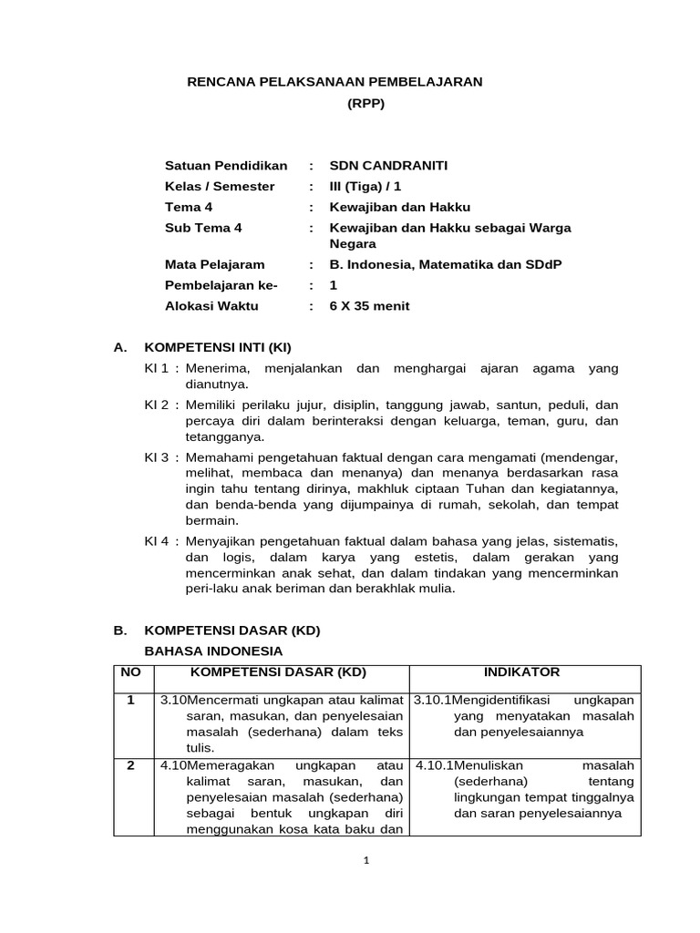 RPP SD Kelas 3 Tema 4 Sub 4 | PDF