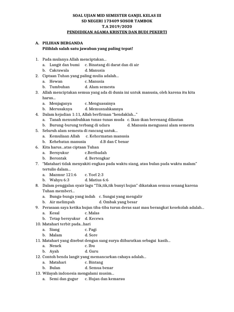 Soal Uts Agama KLS 3 | PDF
