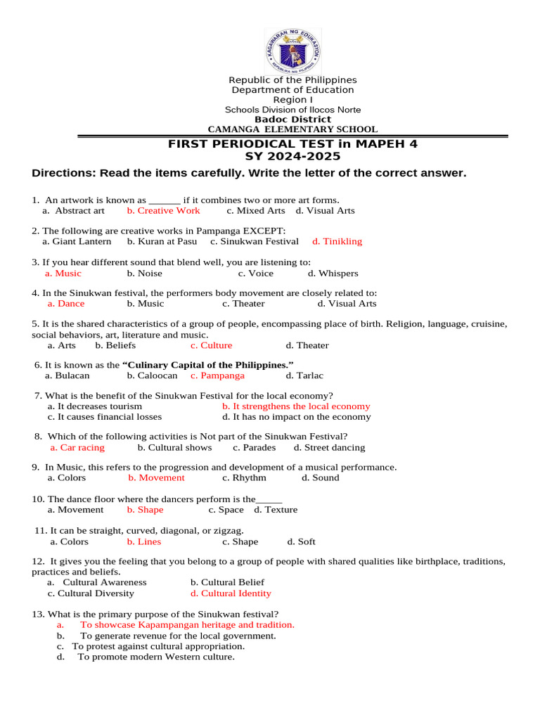 MAPEH 4 1ST Periodical Test | PDF