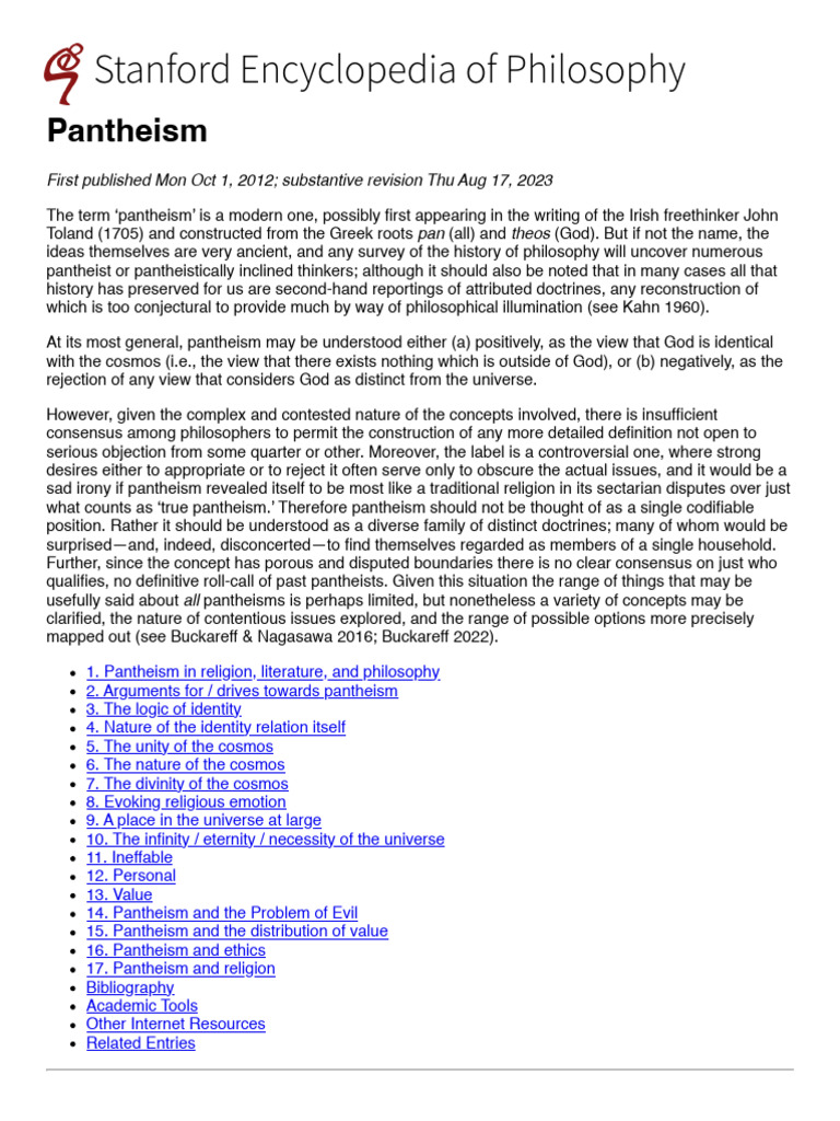 Stanford Encyclopedia of Philosophy: Pantheism | PDF