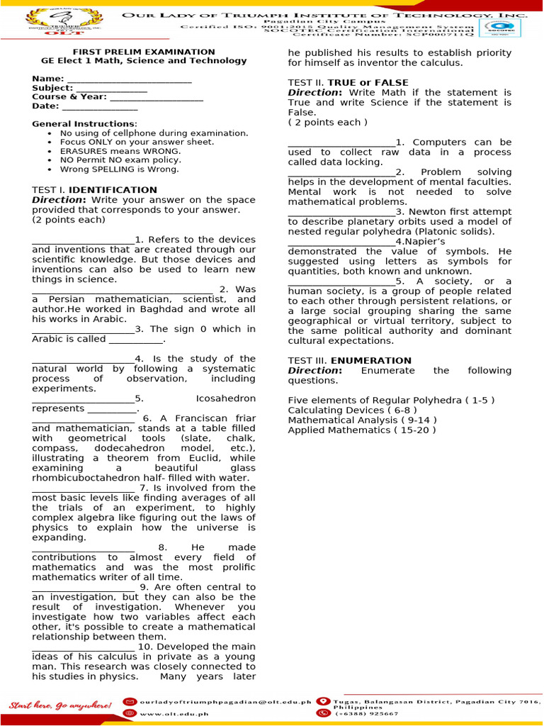 Ge Elect 1st Prelim Questionaire | PDF