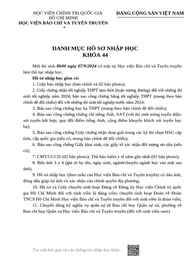 Danh Muc Hs Nhap Hoc k44 | PDF