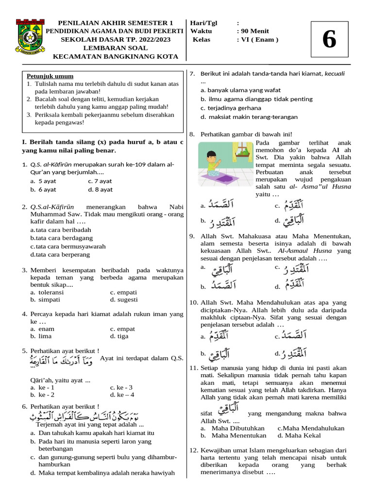 Lembar Soal Pai KLS 6 SM 1 Tp. 2022 | PDF