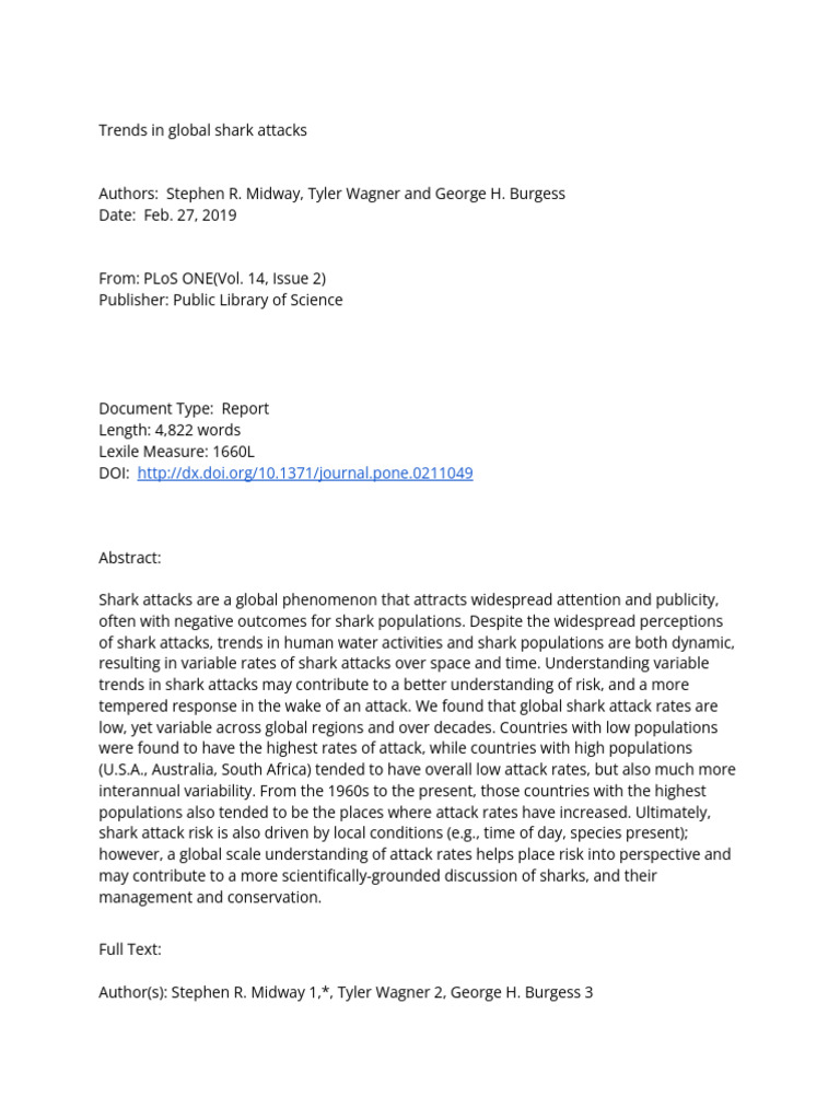 Trends in Global Shark Attacks | PDF | Risk | Underwater Diving