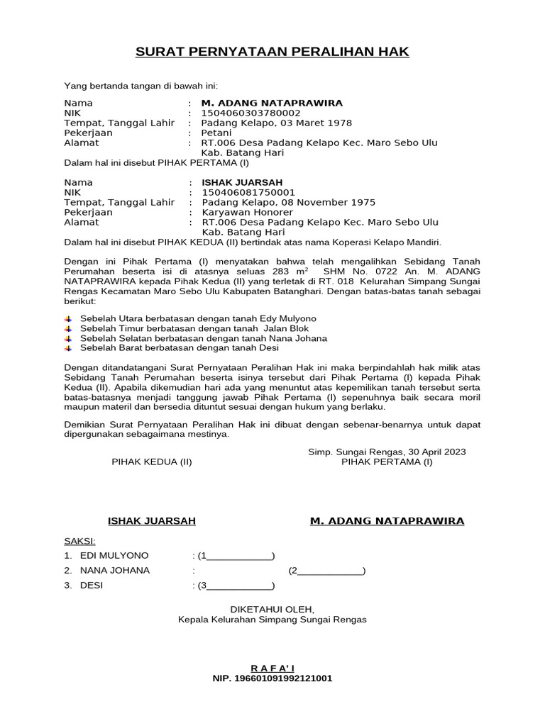 SURAT PERALIHAN HAK SUNGAI RENGAS M ADANG NATAPRAWIRA | PDF