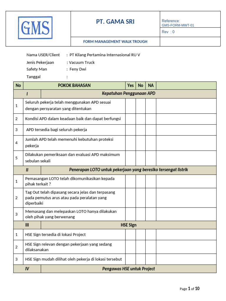 GMS-FORM-MWT-01 Check-List-Management-Visit-HSE | PDF