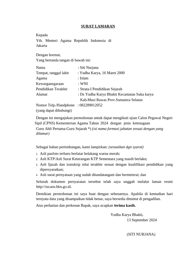 Surat Lamaran Dan Pernyataan Cpns Kemenag 2024-1 | PDF