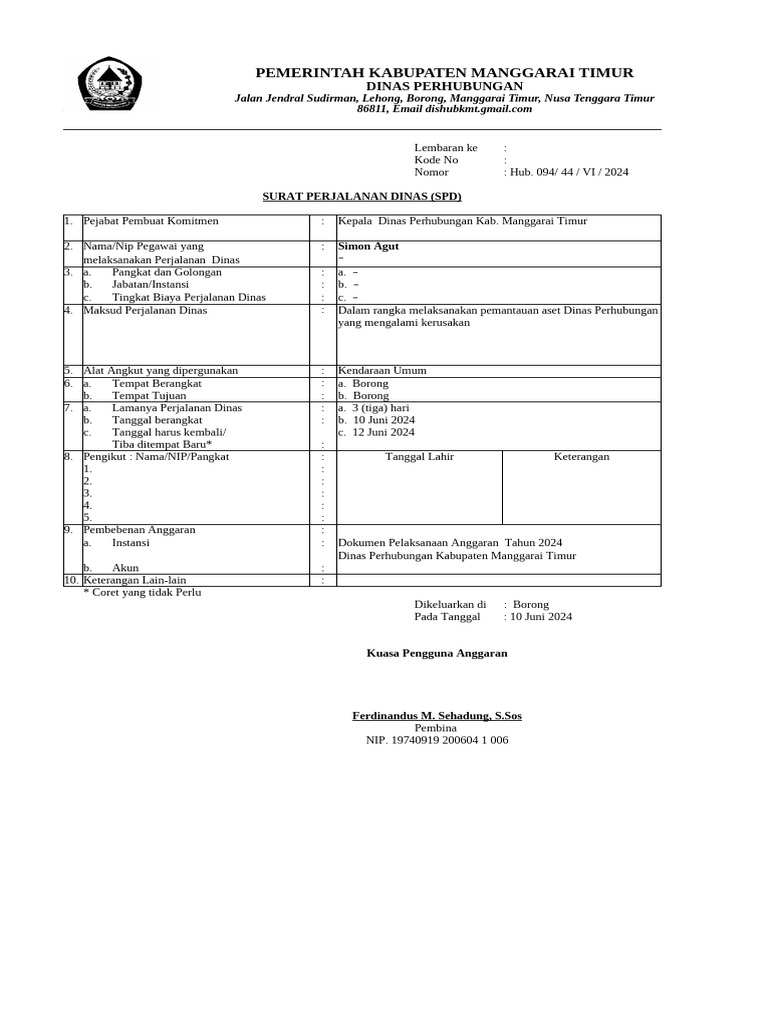SPT Dan SPD 2024 Dishub 1 | PDF
