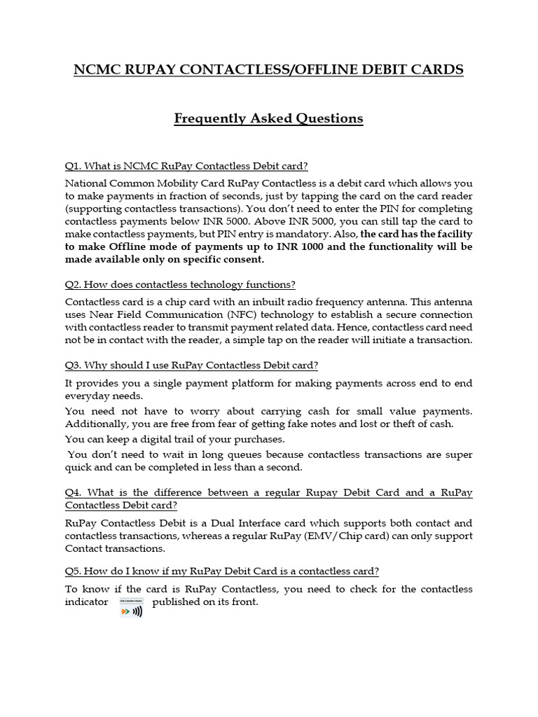 FAQs ON RUPAY NCMC DEBIT CARDS | PDF