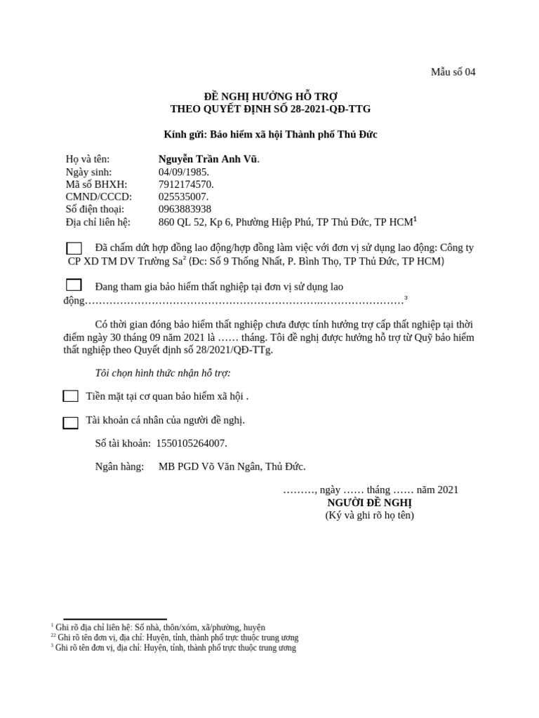 Mau So 04 de Nghi Huong Ho Tro Theo Quyet Dinh So 28 2021 QD TTG 1 | PDF