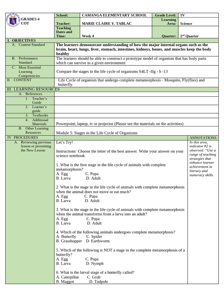 1st Science 4 Q2 W4 Compare The Stages in The Life Cycle of Organisms | PDF