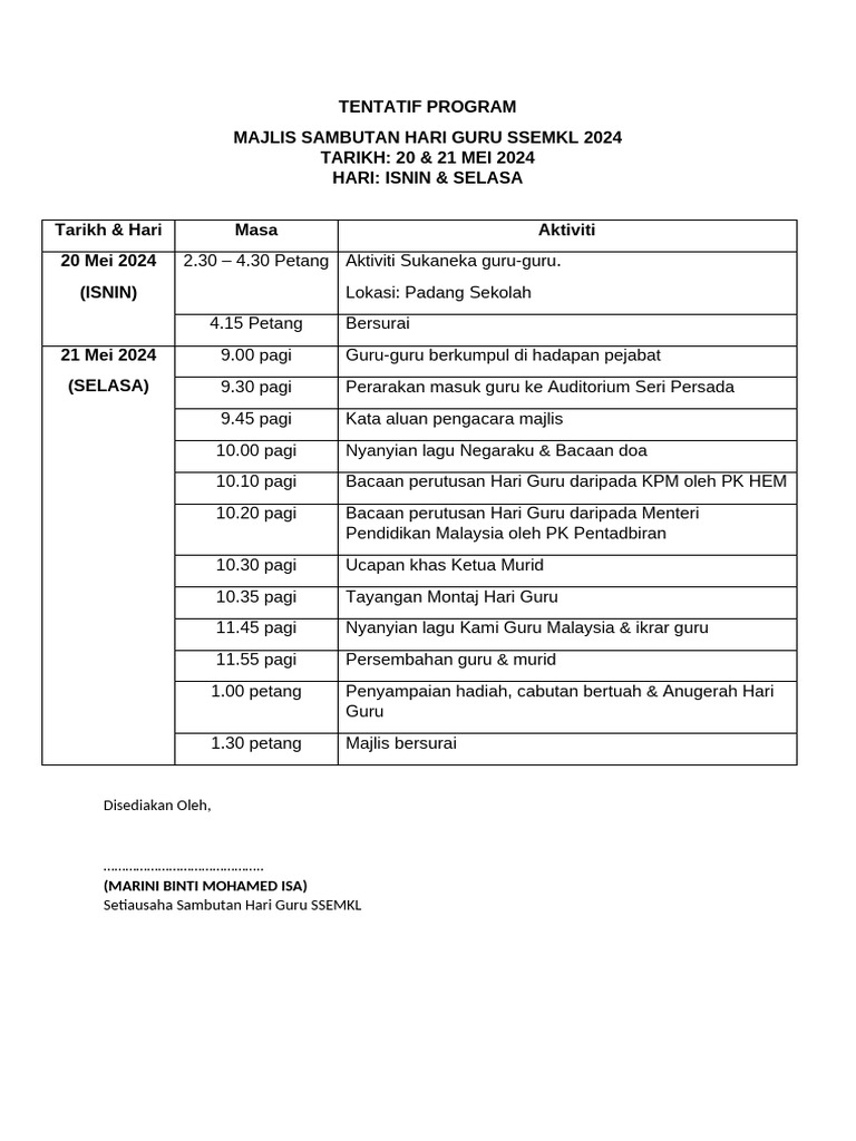 Tentatif Sambutan Hari Guru 2024 | PDF