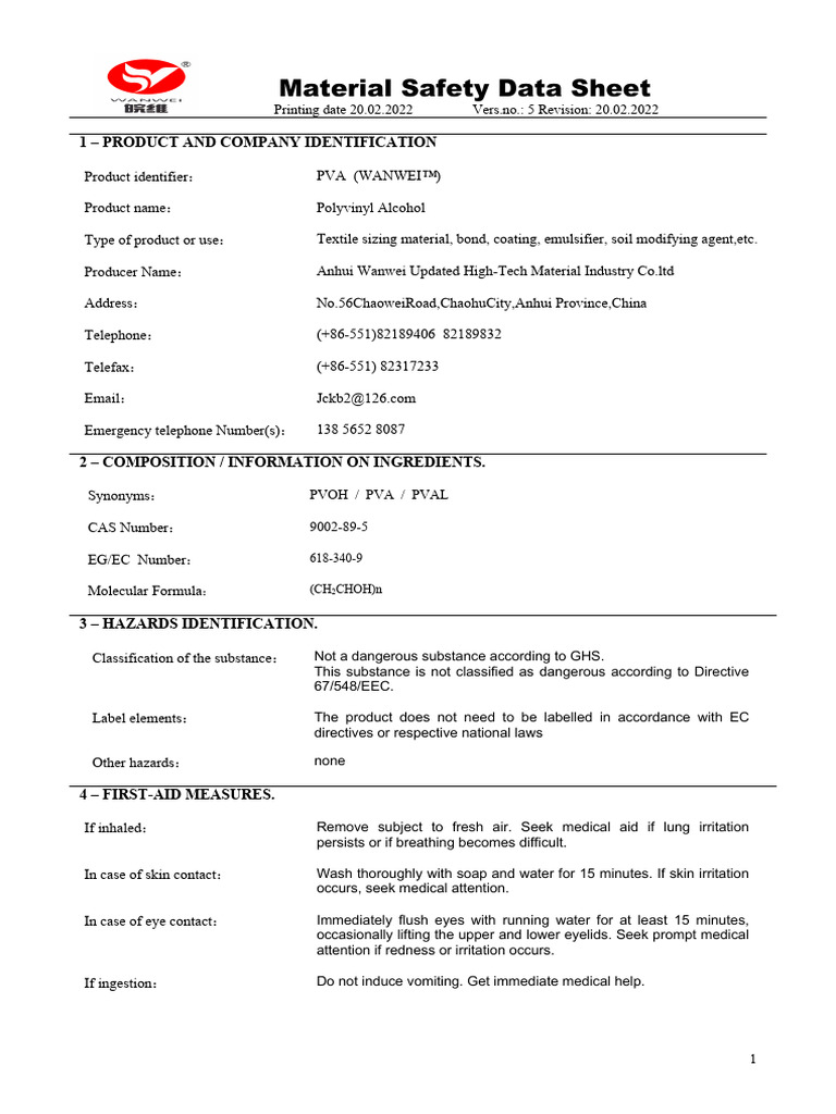 MSDS-PVA En-2022 | PDF