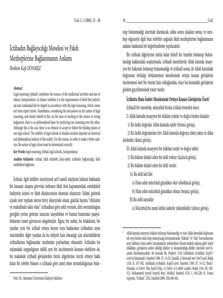 Ictihadın Bağlayıcılığı Meselesi Ve Fıkıh Mezheplerine Bağlılığın Anlamı - Ibrahim Kafi Dönmez | PDF