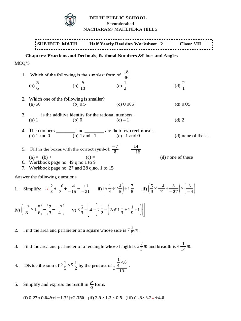 CL 7 Math Hy RWS 2 2024-25 | PDF