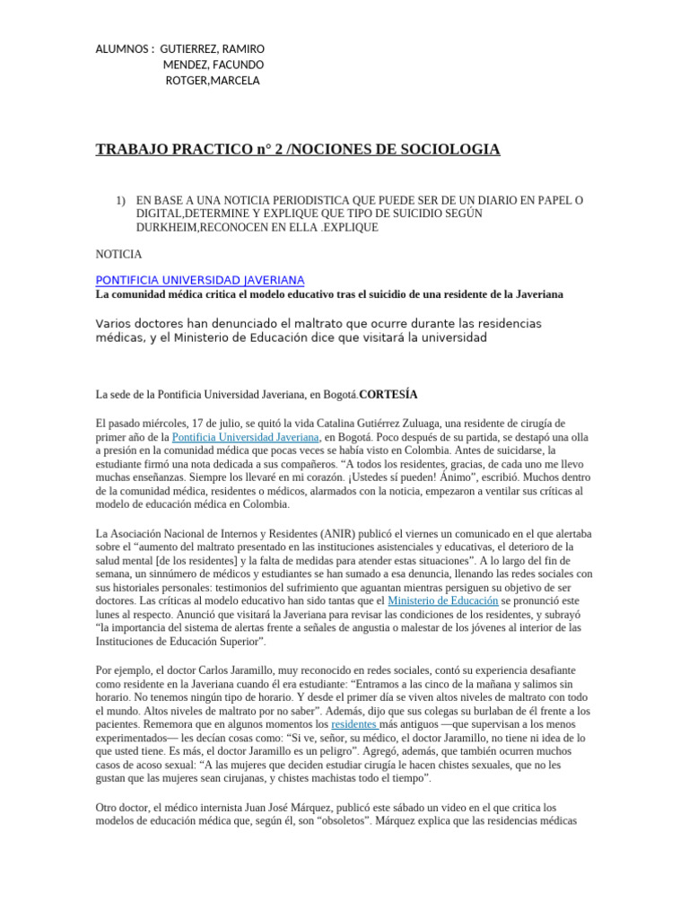 Trabajo Practico 2 Sociologia Suicidio | PDF