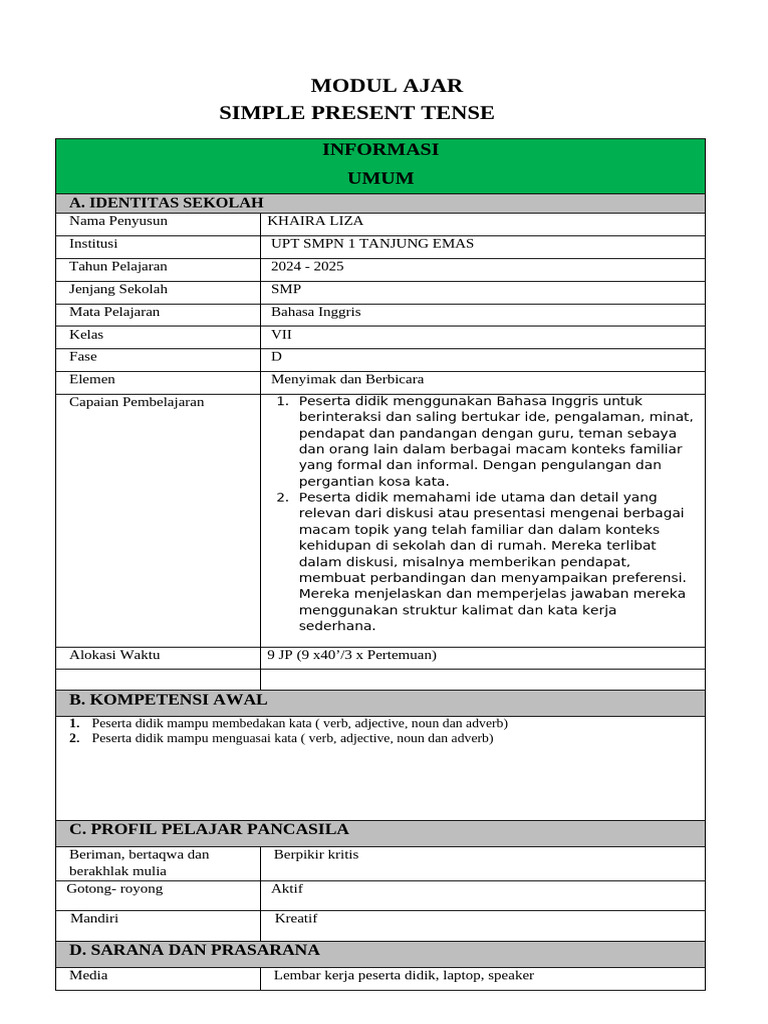 MODUL AJAR Kls 7 Simple Present | PDF