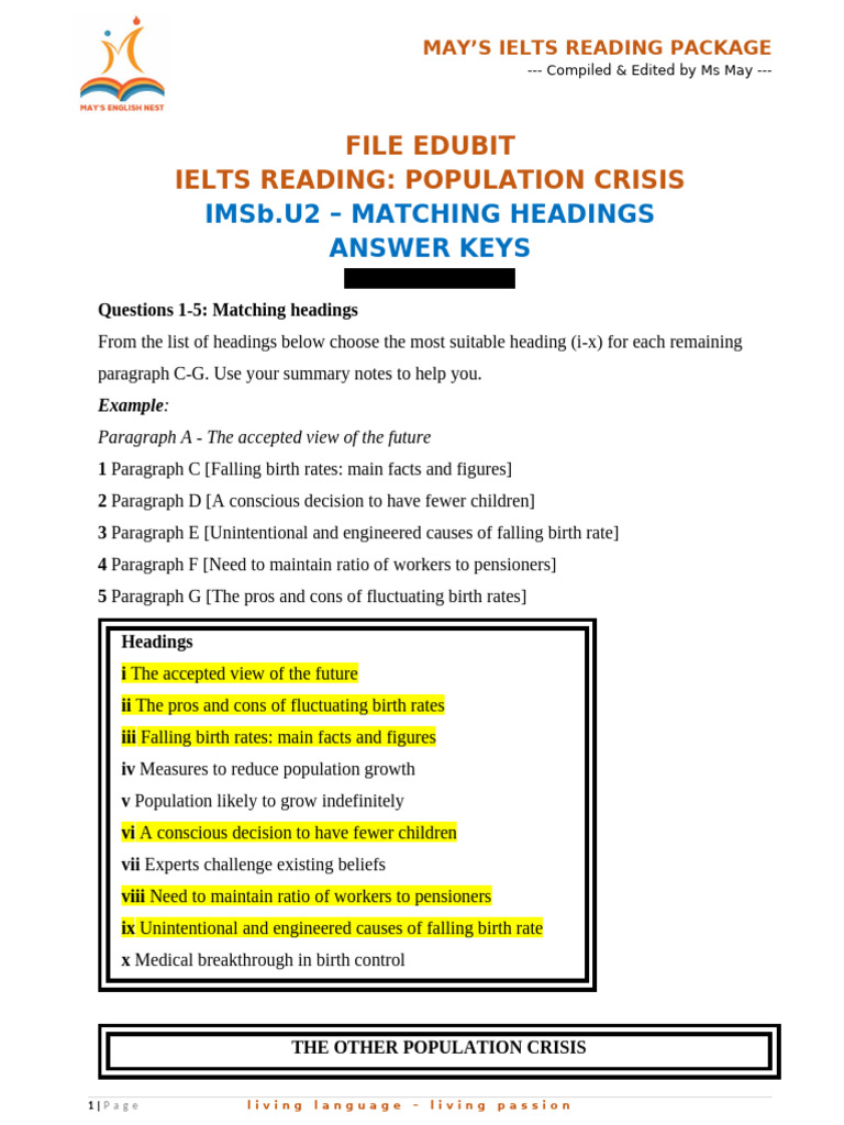 AK - IR - IM.U2 - Population Crisis - Matching Headings - U2 - IELTS Masterclass SB | PDF