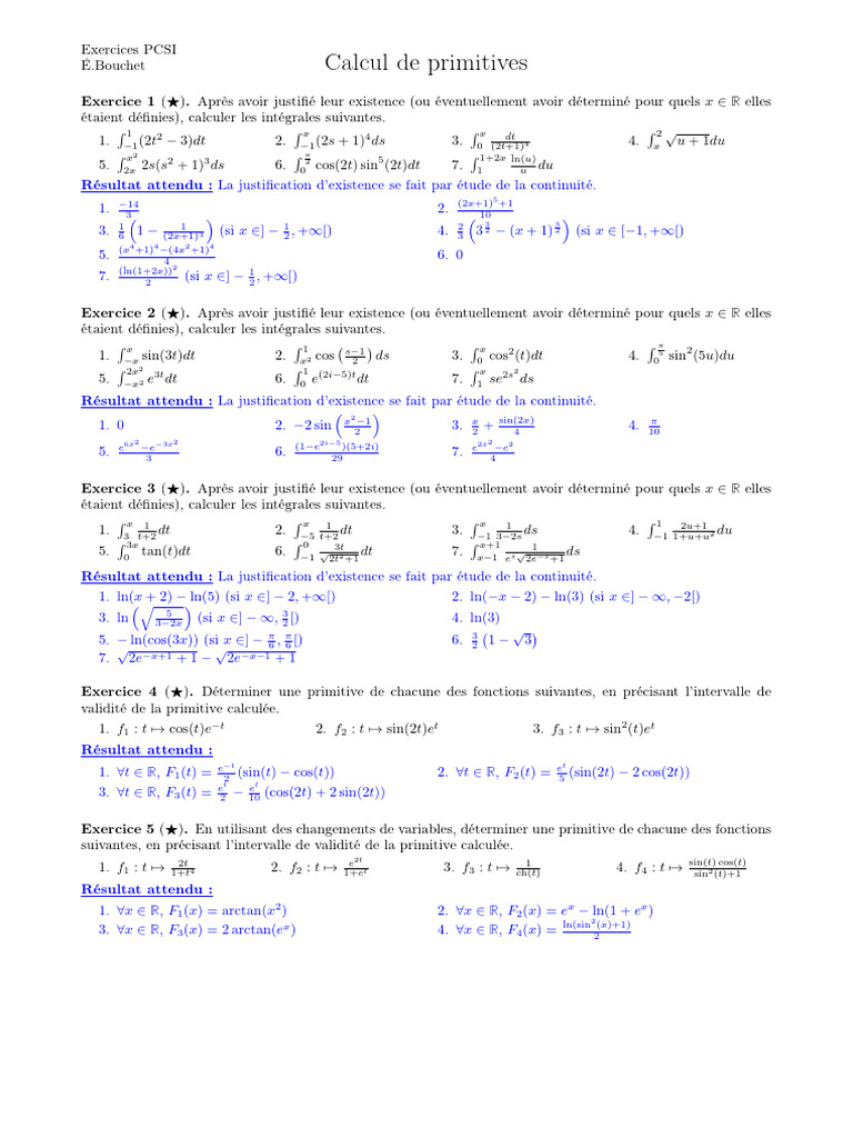 Exercices Calcul de Primitives Resultats | PDF