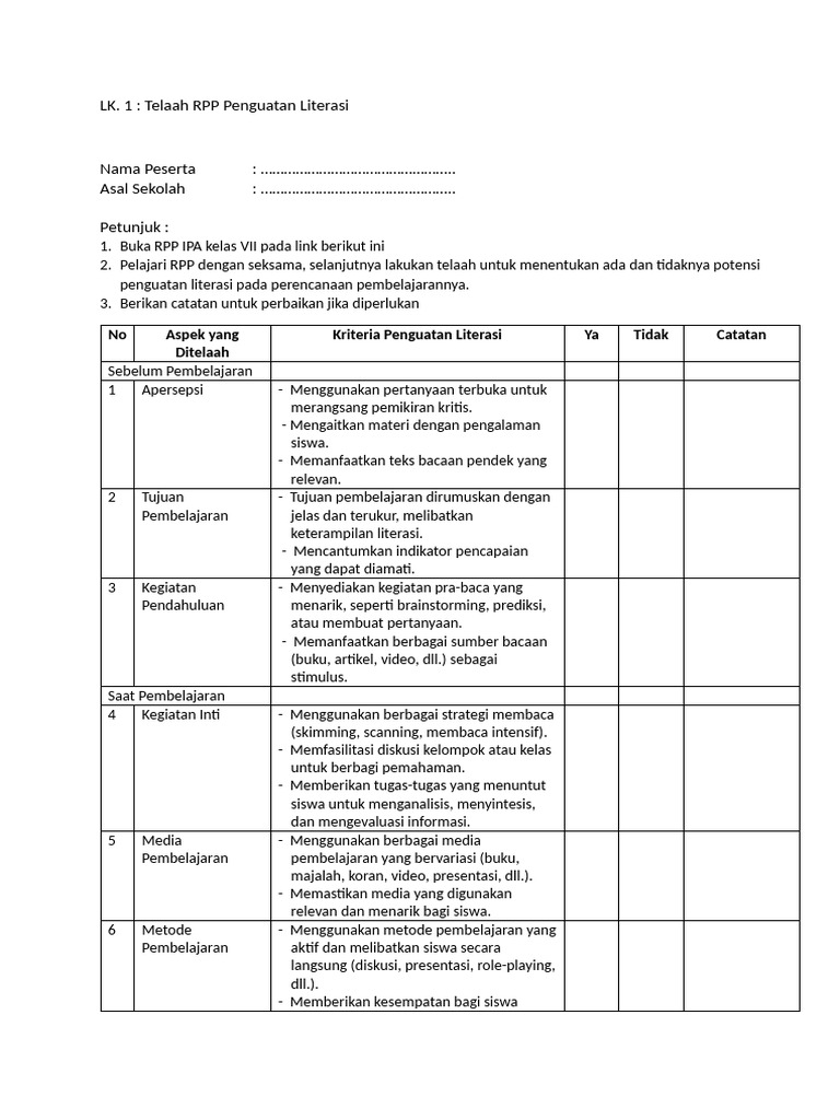 LK.1 Instrumen Telaah RPP Penguatan Literasi | PDF
