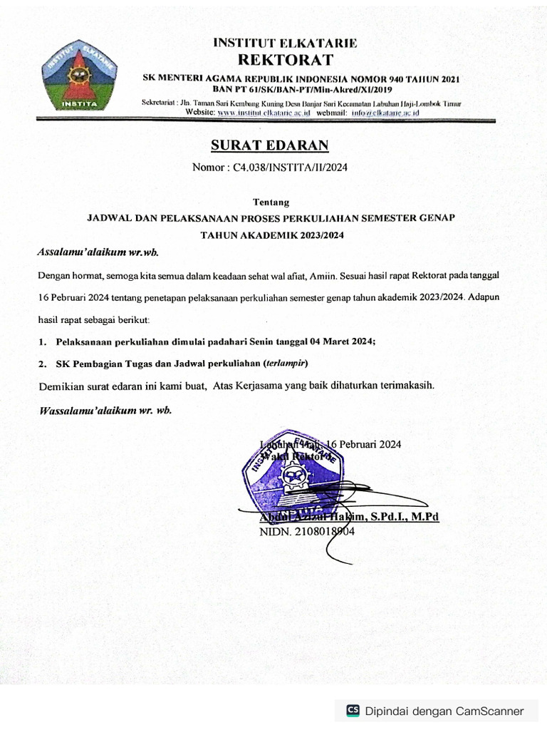 Surat Edaran Perkuliahan Semester Genap 2023-2024 | PDF