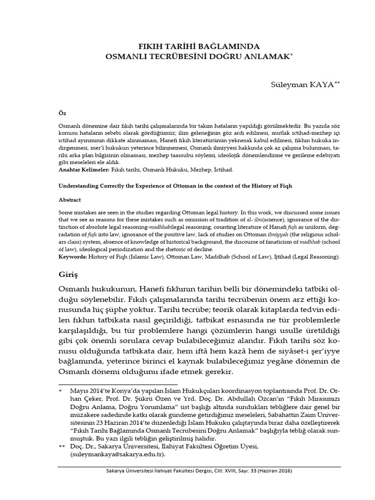 Kaya, Fıkıh Tarihi Bağlamında Osmanlı Tecrübesini Doğru Anlamak | PDF