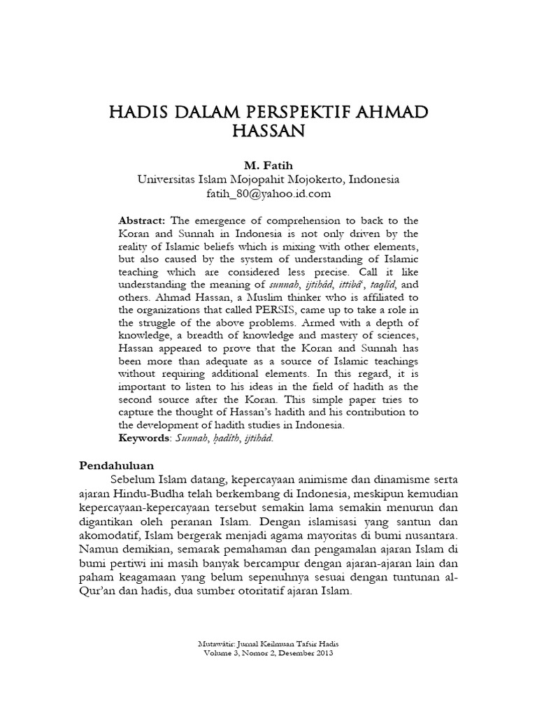 ID Hadis Dalam Perspektif Ahmad Hassan | PDF