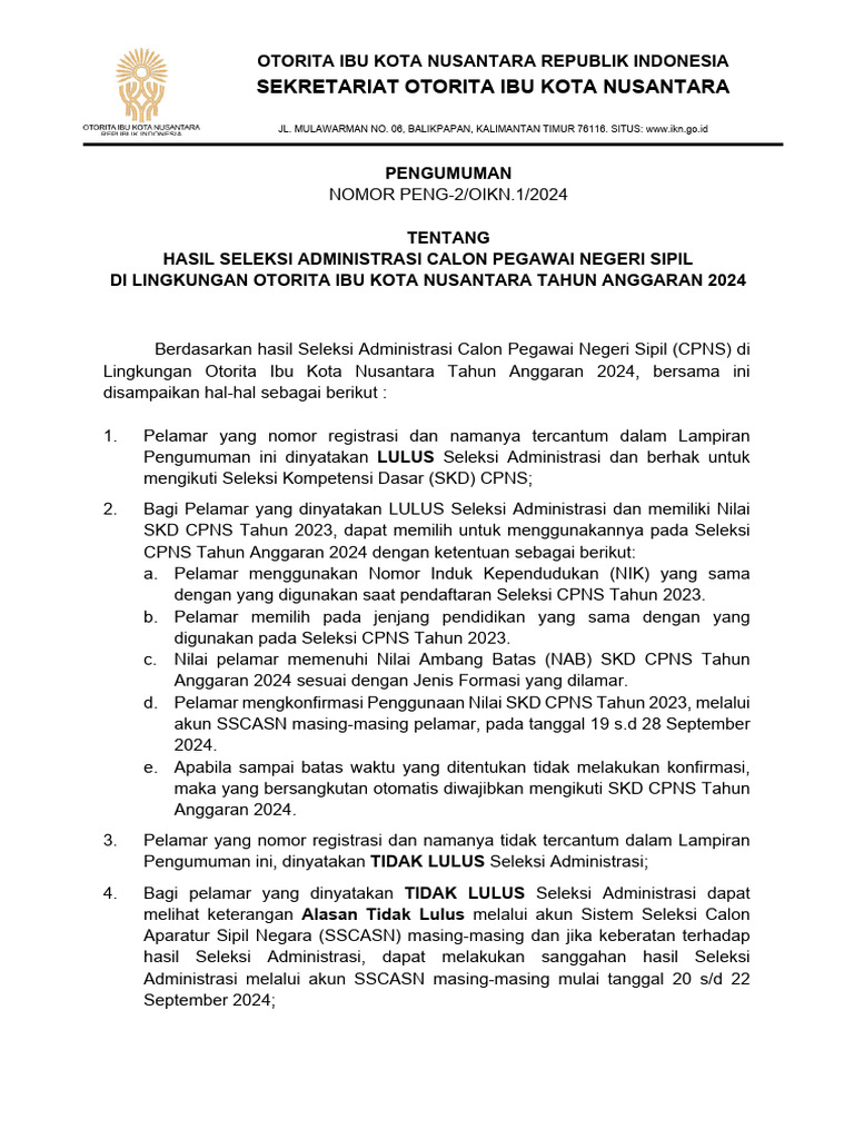 Peng.002 Hasil Seleksi Administrasi Calon Pegawai Negeri Sipil Di Lingkungan Otorita Ibu Kota ...